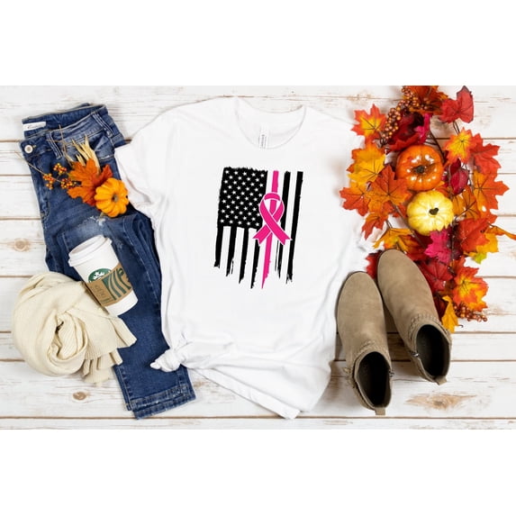 Breast Cancer Shirt, Breast Cancer Ribbon Usa Flag Shirt, Cancer ...