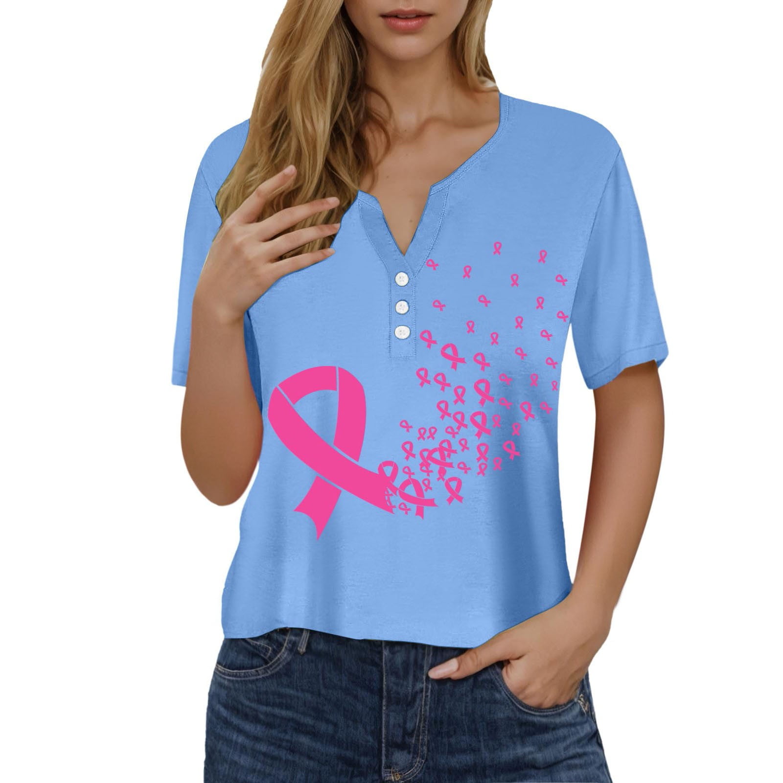 Cancer Shirt Women Cancer Awareness Ribbon Graphic Print Tee ...