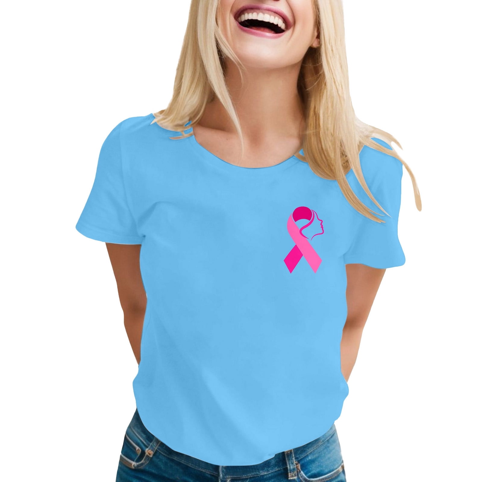 Cancer Shirts for Women Crew Neck Pink Ribbon Printed Short Sleeve ...