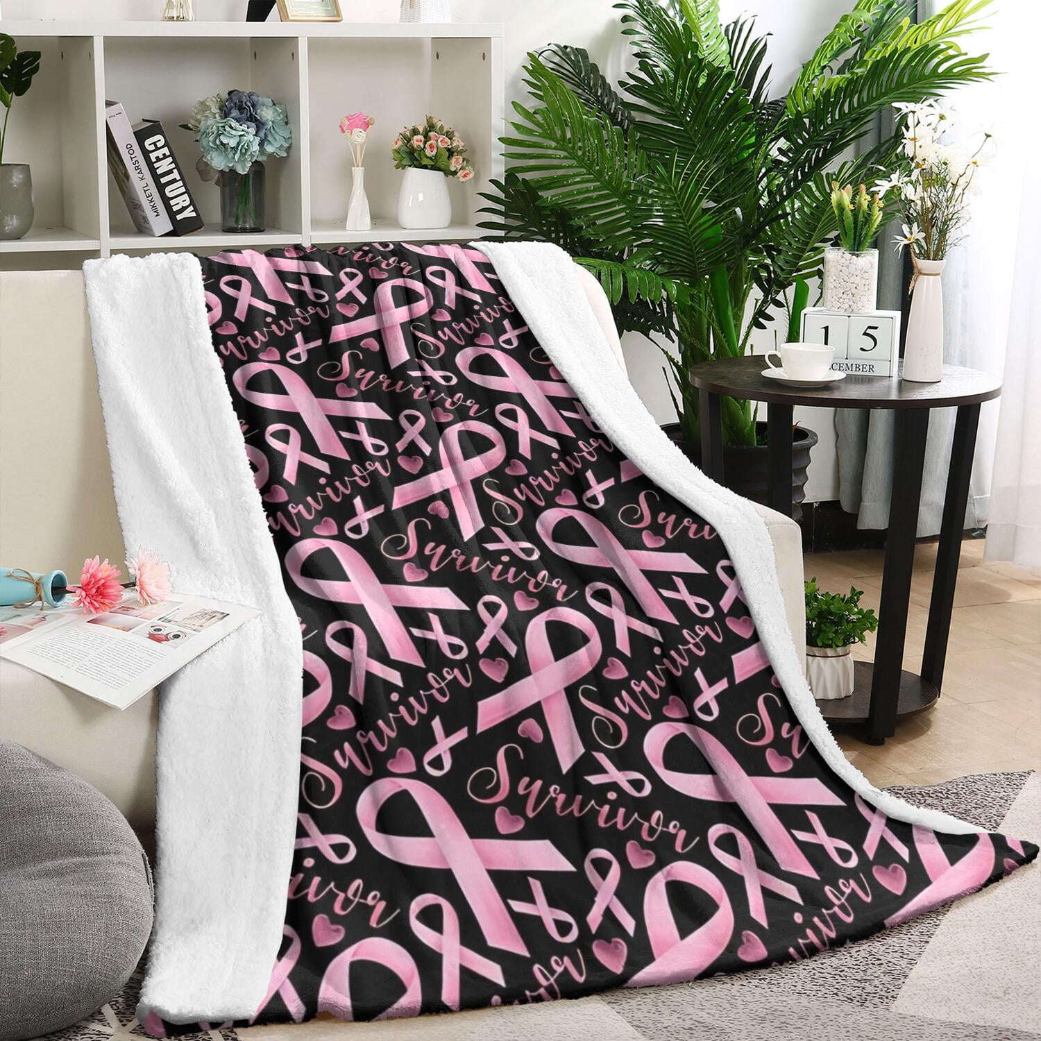 Breast Cancer Survivor Pink Ribbon Black Blanket,Comfortable Soft Lamb ...