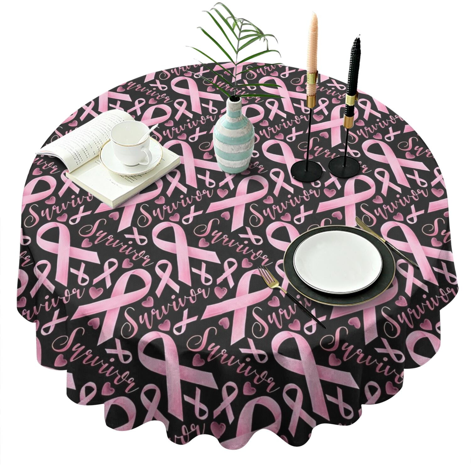 Breast Cancer Survivor Pink Ribbon Black Round Tablecloth 60"x60 ...