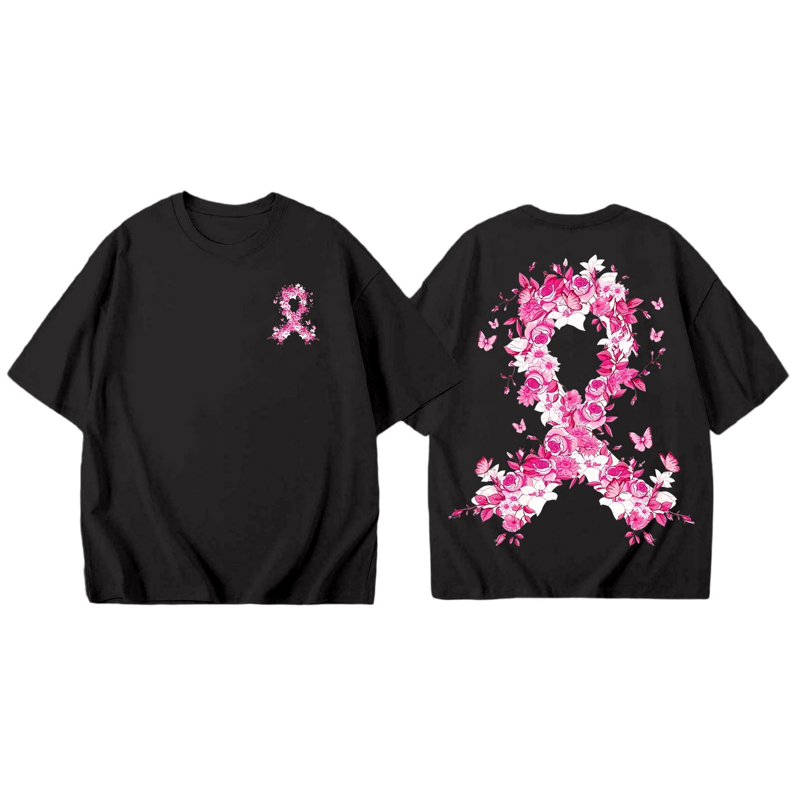 Cancer Top for Women Short Sleeved Pink Ribbon Printed Crew Neck T ...