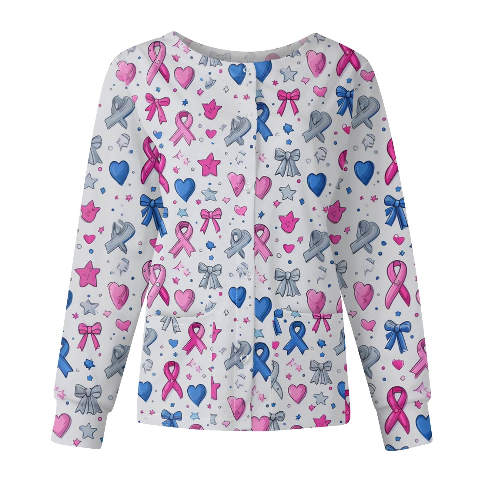 Breast Cancer Trendy Scrub Jackets for Women Long Sleeve Snap Front ...