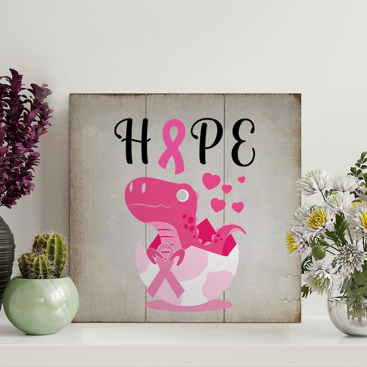 Breast Cancer Vintage Wood Sign Hope Broken Shell Dinosaur Wooden Signs ...