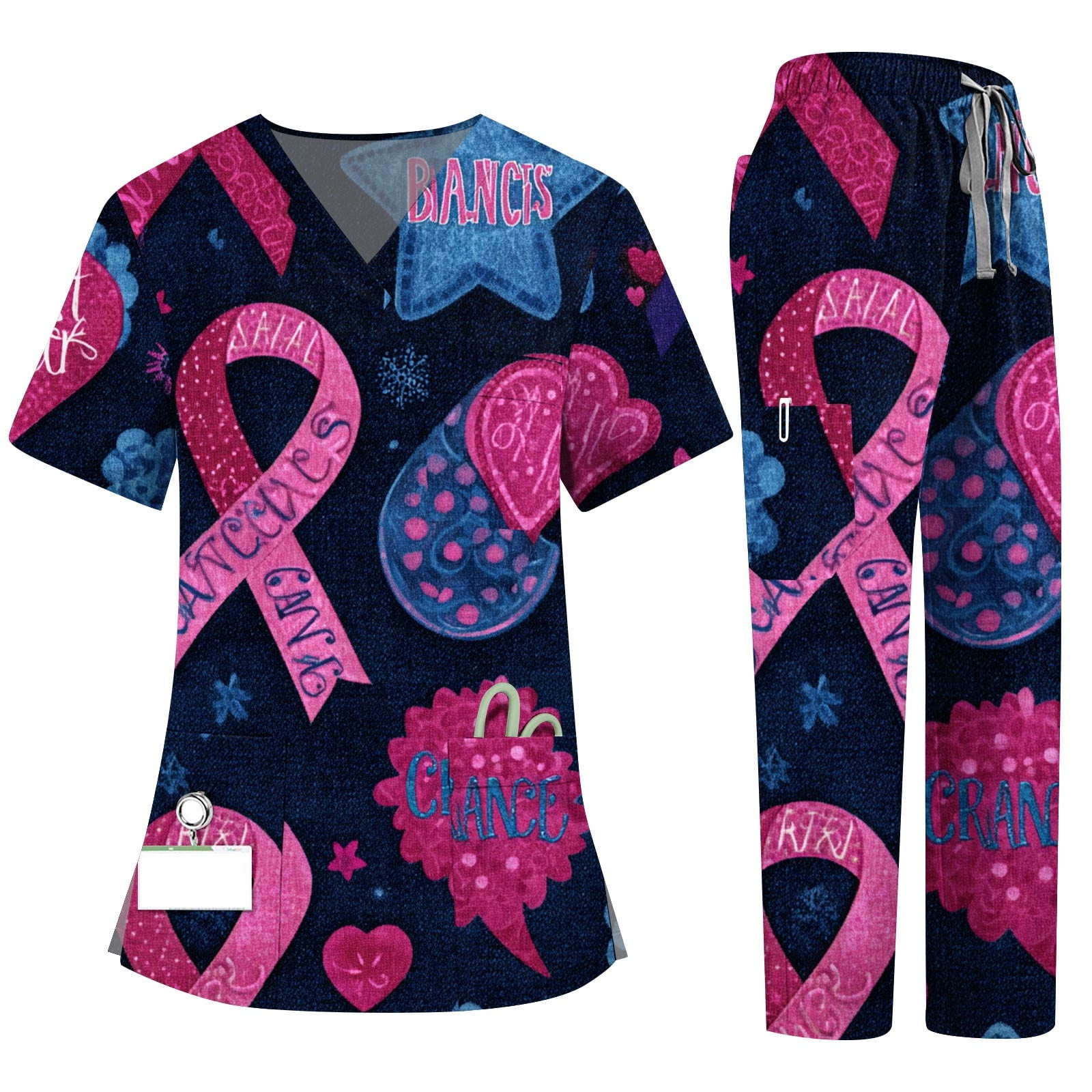 Breast Cancer Womens Scrub Sets 2025 Fall Fashion Pink Ribbon Graphic V ...