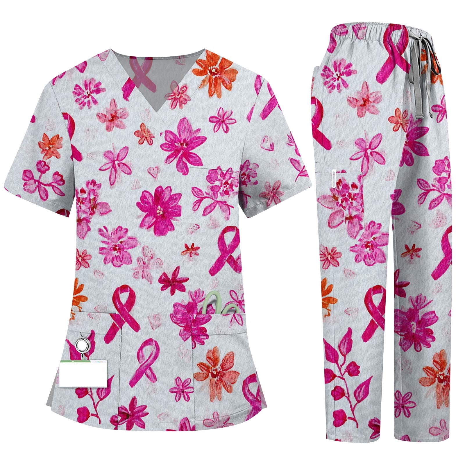 Breast Cancer Womens Scrub Sets V-Neck Scrub Short Sleeve Shirts with ...