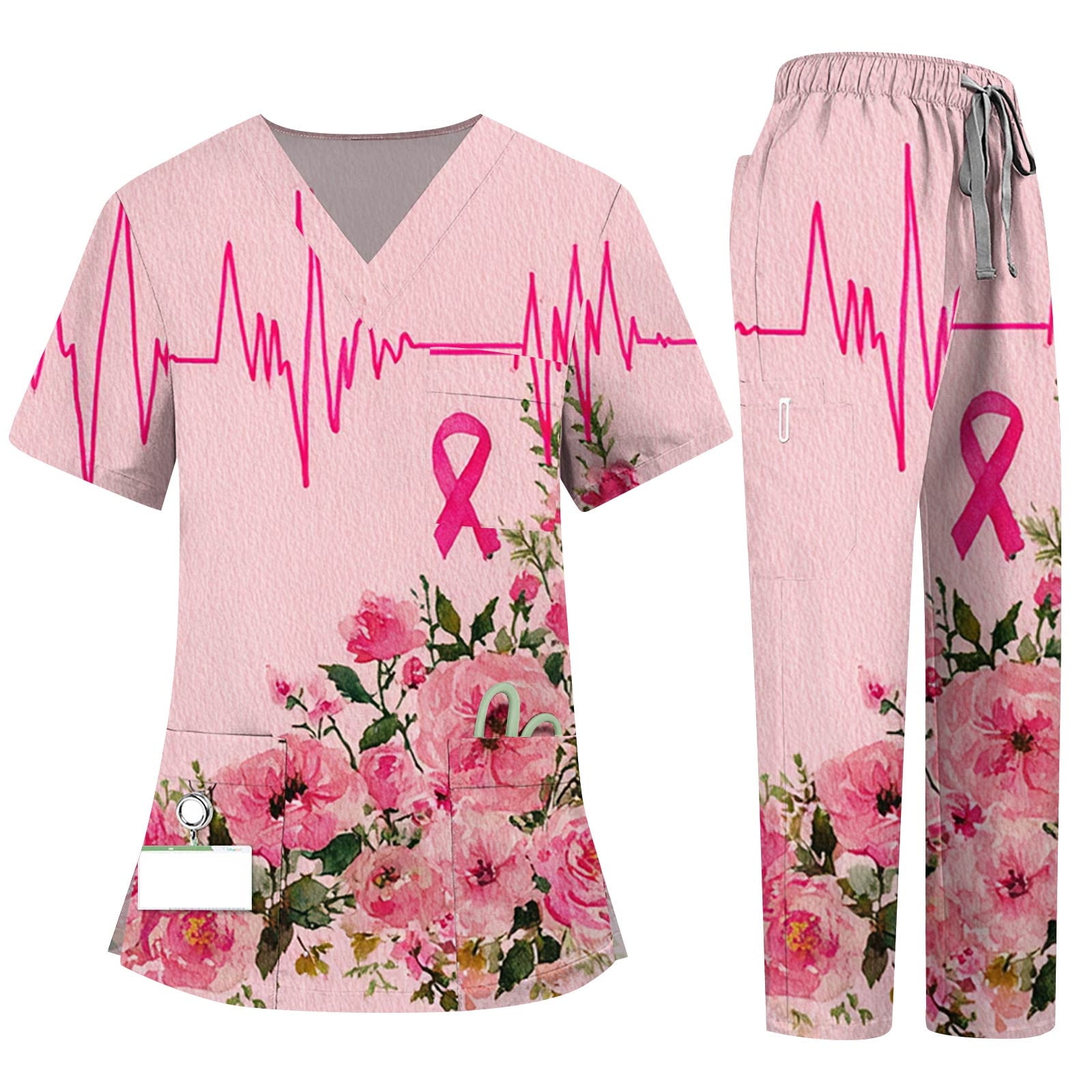 Breast Cancer Womens Scrub Sets V-Neck Scrub Short Sleeve Shirts with ...
