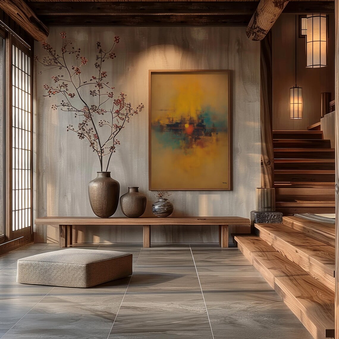 Breath Of Dawn Poster Wall Art, Japandi Abstract Illustration In Ochre Amber And Turquoise For ...