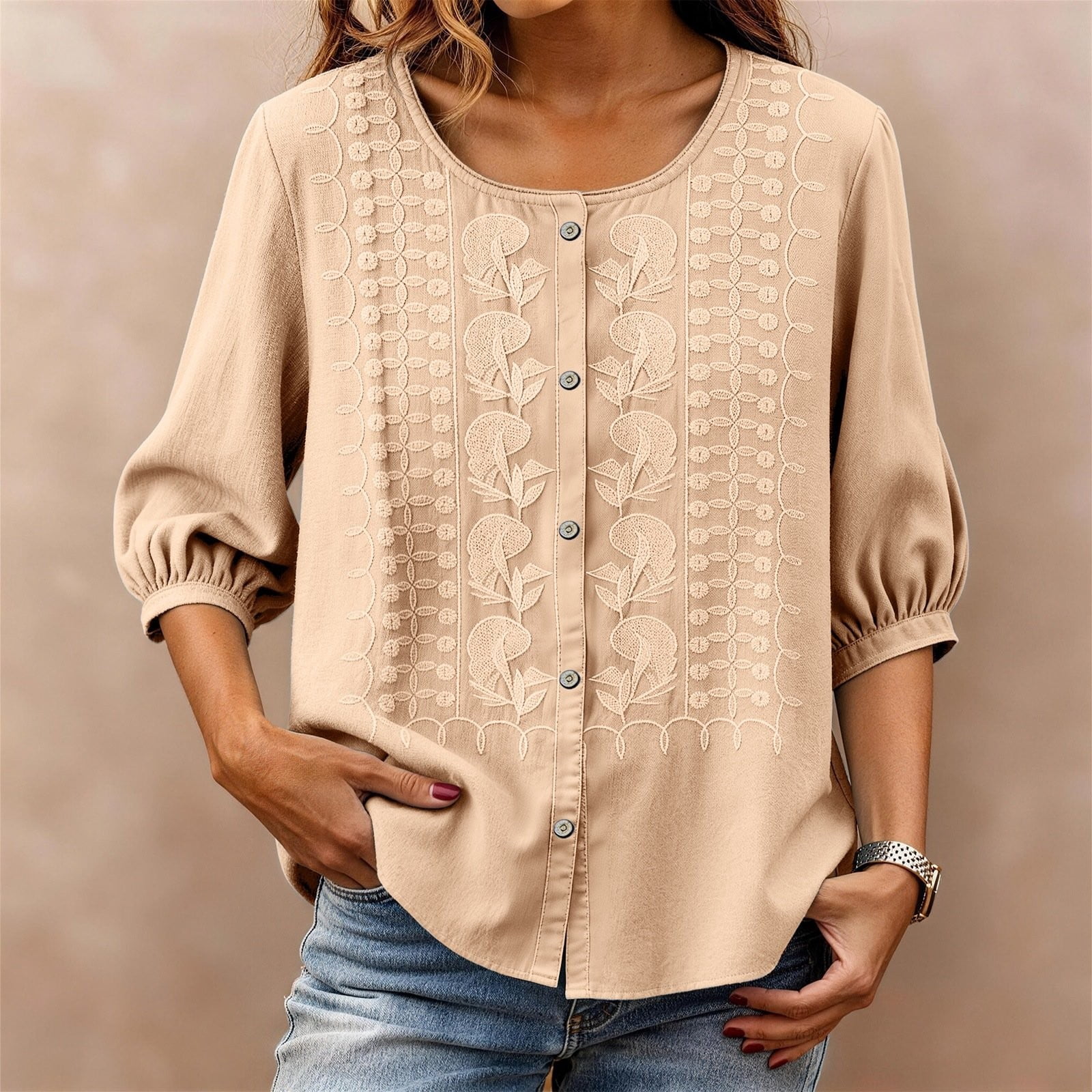 Breathable Cotton Linen Embroidered Blouse, Women's Round Neck Puff ...