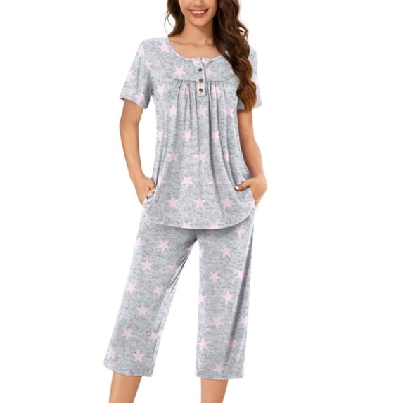 Breathable Cotton Pajama Set For Women Floral Print Short Sleeve Capris ...