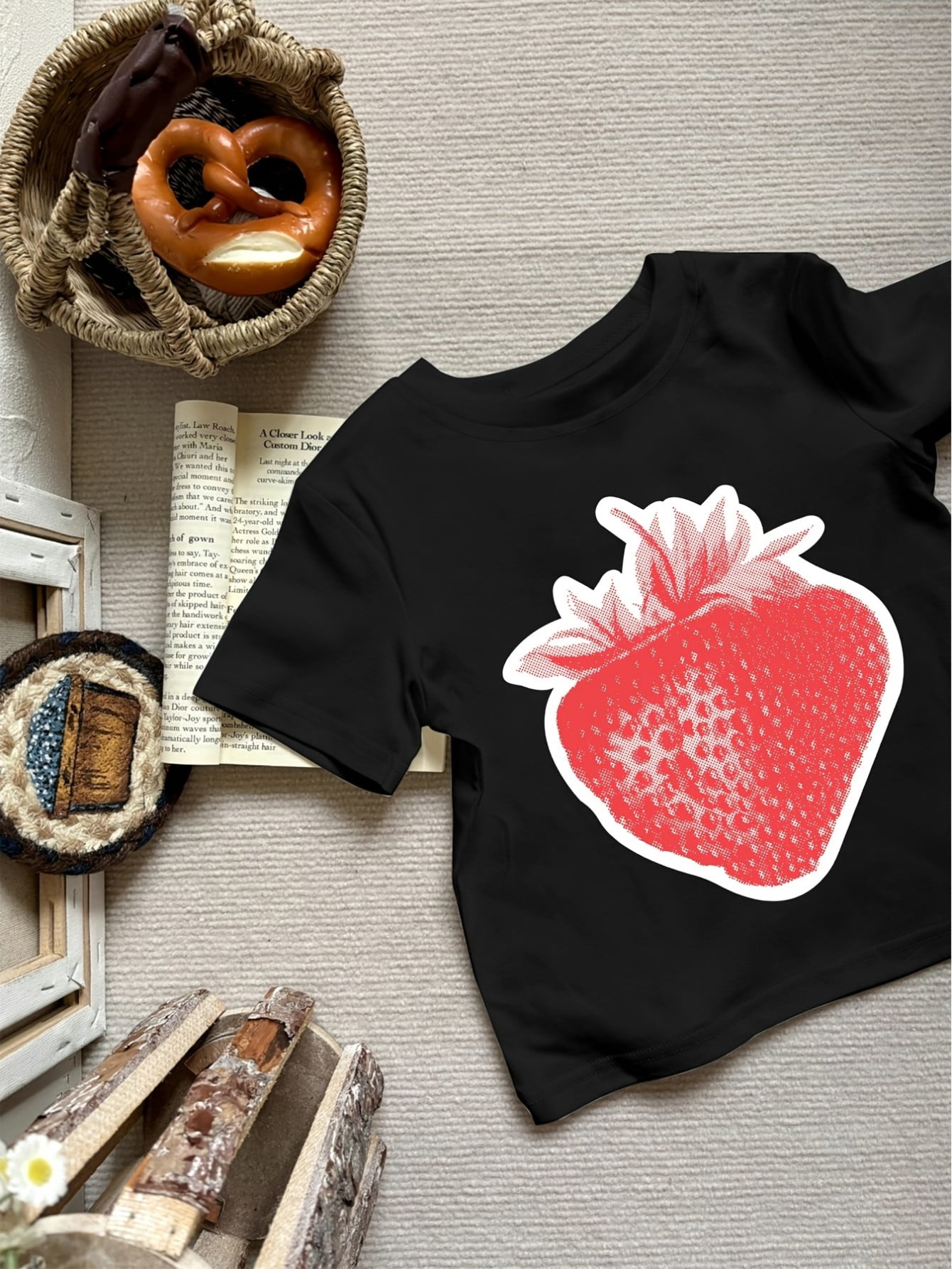 Breathable Fabric, Girls' Soft & Stretchy Strawberry Print T-Shirt ...