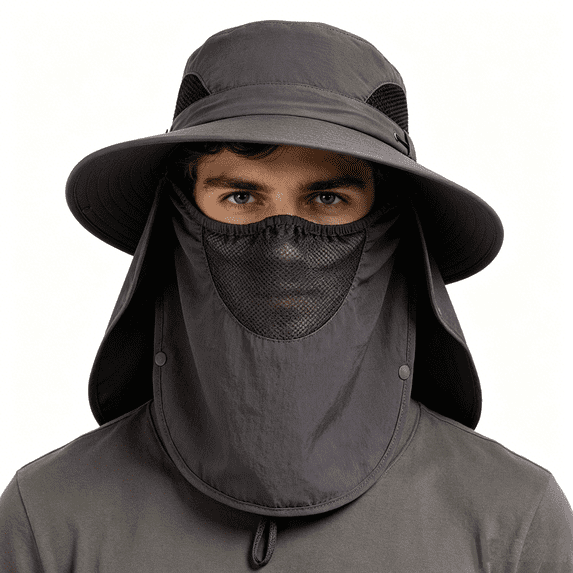Breathable Fisherman Hat with Face Mask, Sun Hat Neck Flap Wide Brim ...