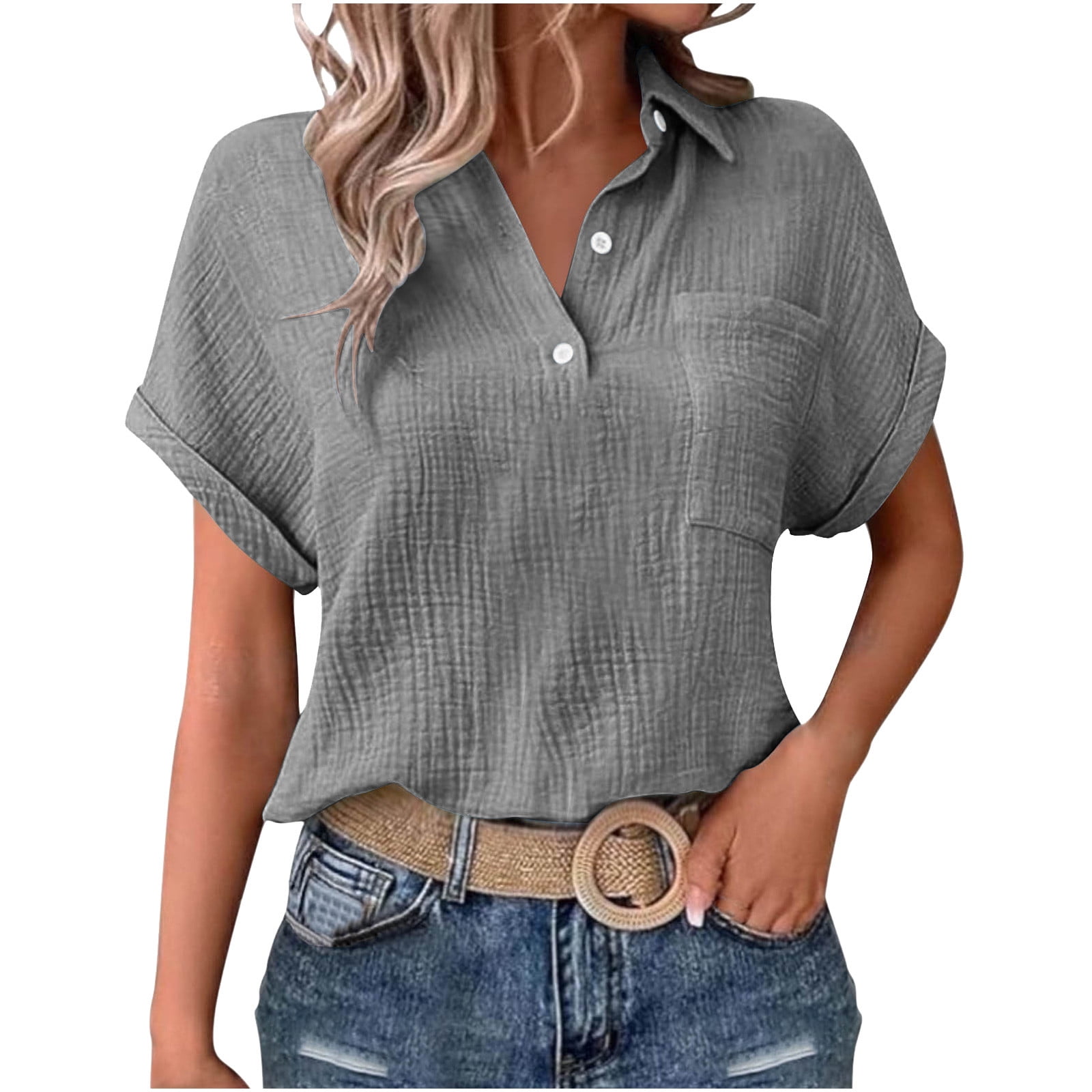 Breathable Gauze Button Down for Women - V-Neck Short Sleeve Work Top with Roll Cuffs | Textured ...