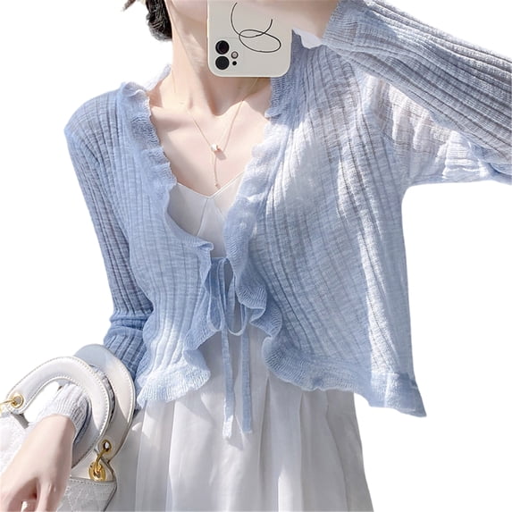 Breathable Ice Silk Cardigan Long Sleeve Open Front V Neck Tie Up ...