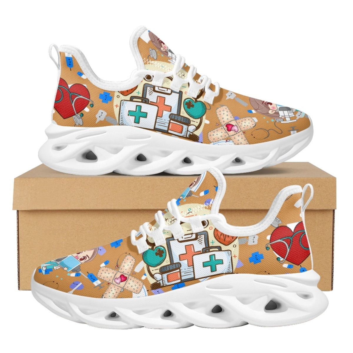 Breathable Ladies Outdoor Sneakers Medical Design Print Lace Up Nursing ...