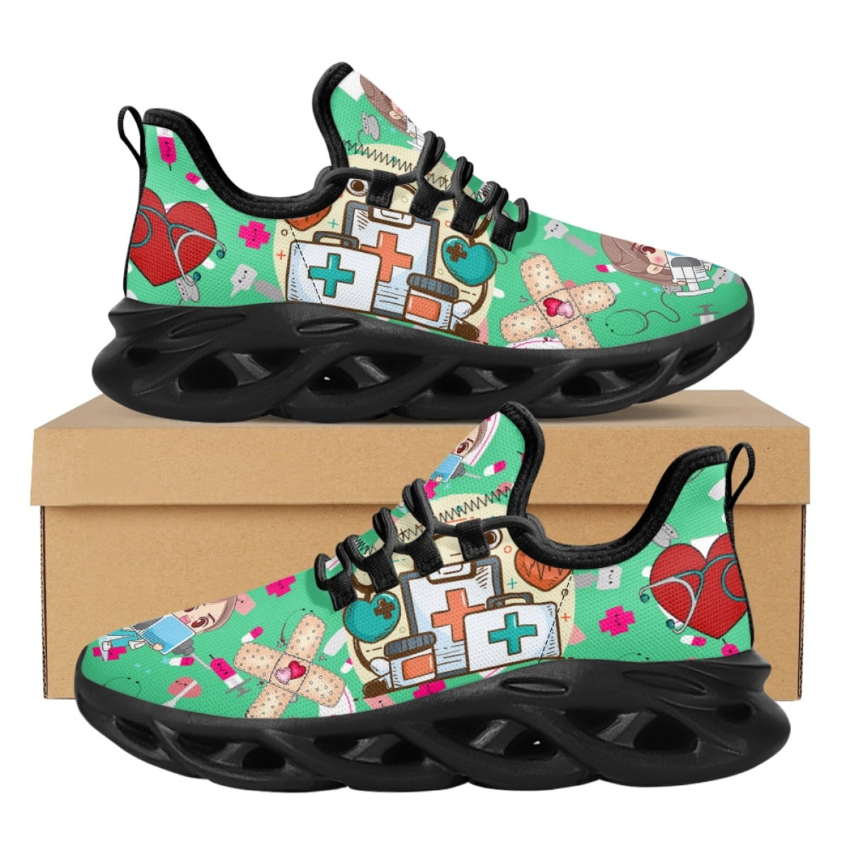Breathable Ladies Outdoor Sneakers Medical Design Print Lace Up Nursing ...