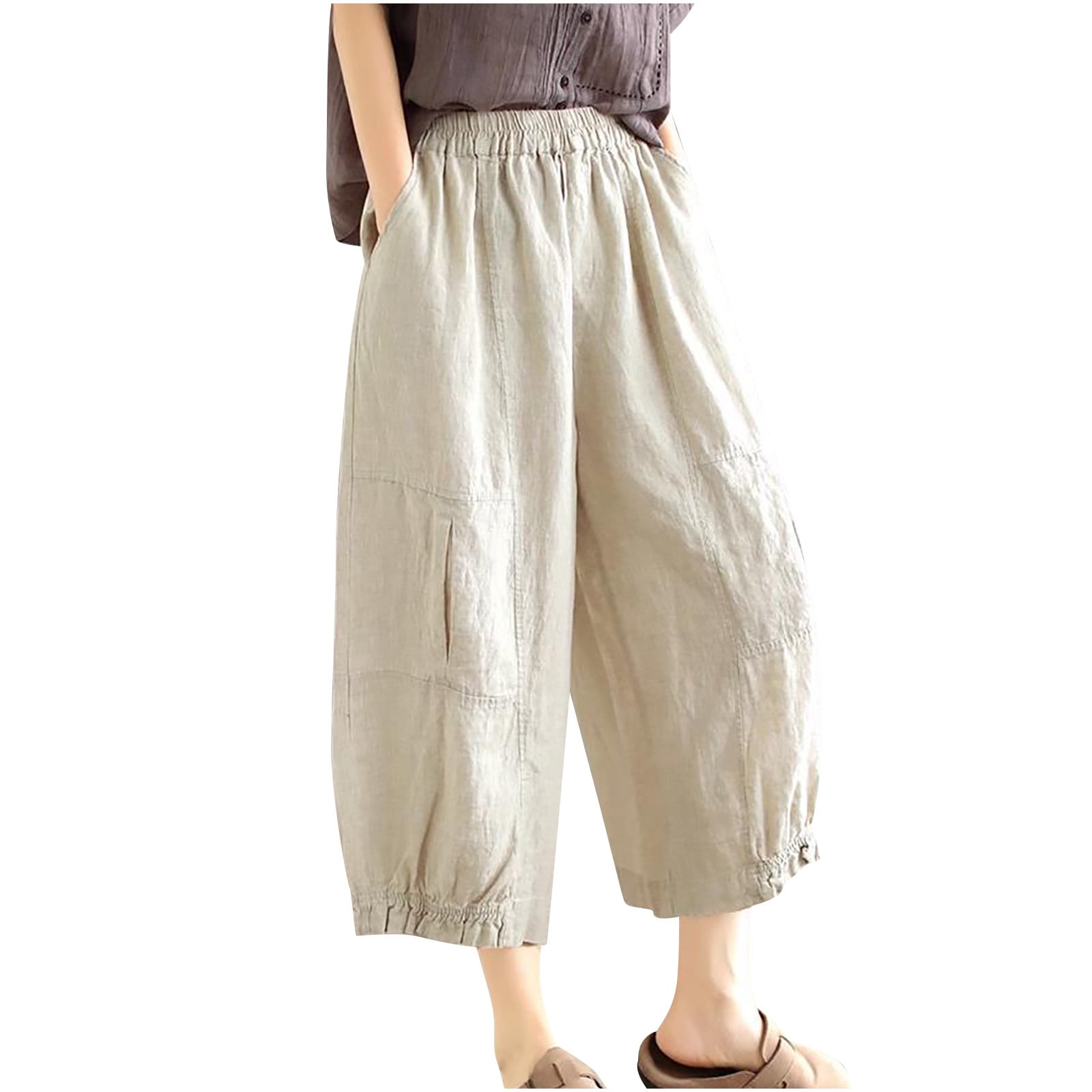Breathable Linen Blend Pants - Women's Cotton and Linen Color Elastic ...