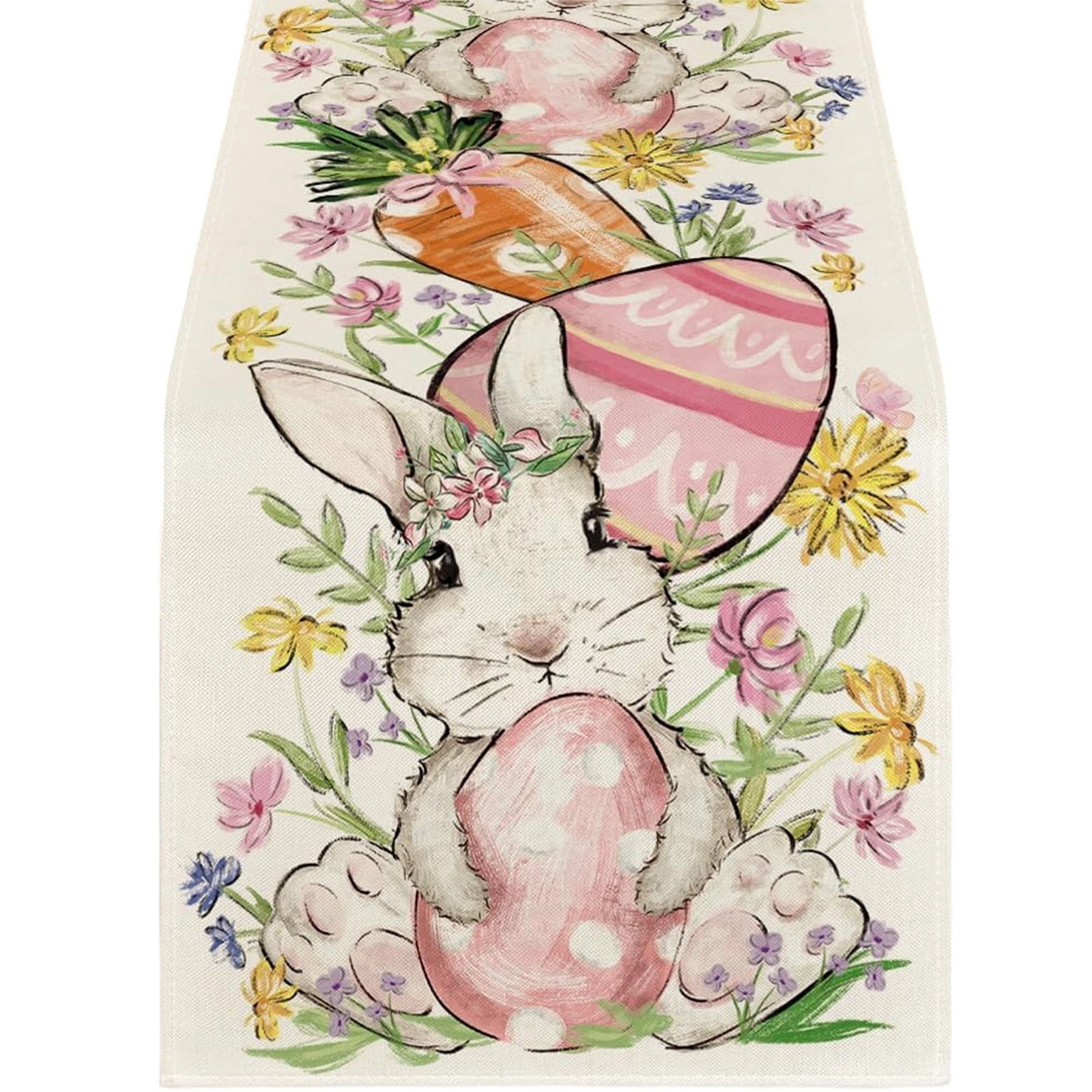 Breathable Linen Fabric Runner In Classical Easter Bunnies Print For ...