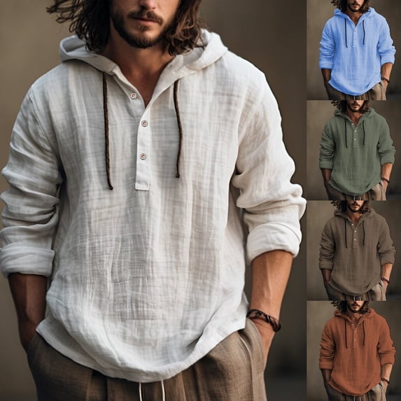 Breathable Linen Hoodie for Men Relaxed Fit Long Sleeve Button Up Shirt ...