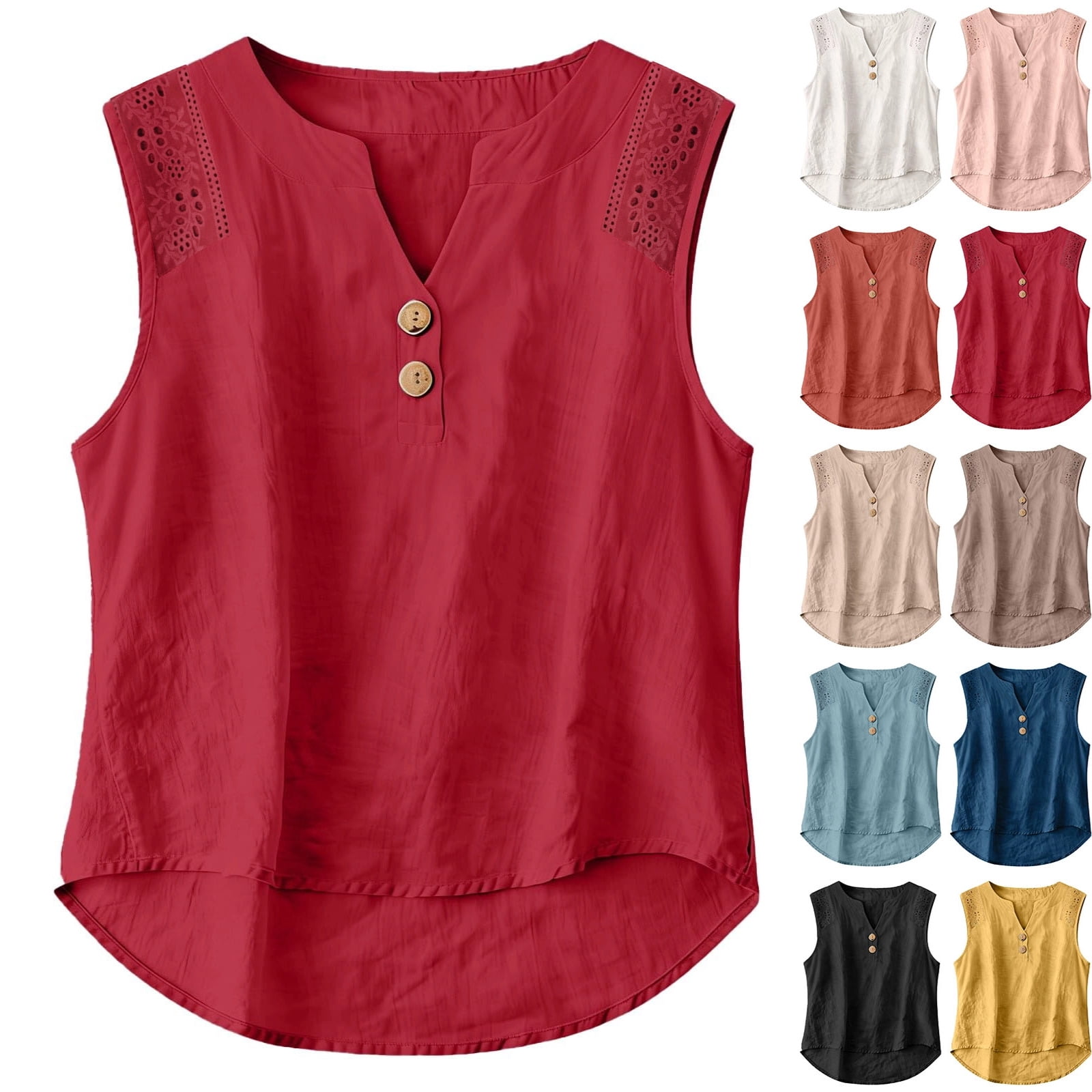 Cotton Linen Tank Top for Women V Neck Sleeveless Eyelet Shoulder ...