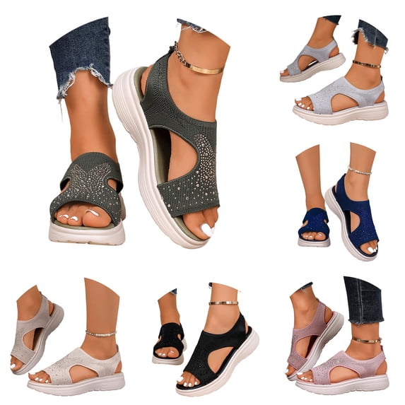 Breathable Mesh Casual Sandals with Rhinestone Low Heel Open Toe ...