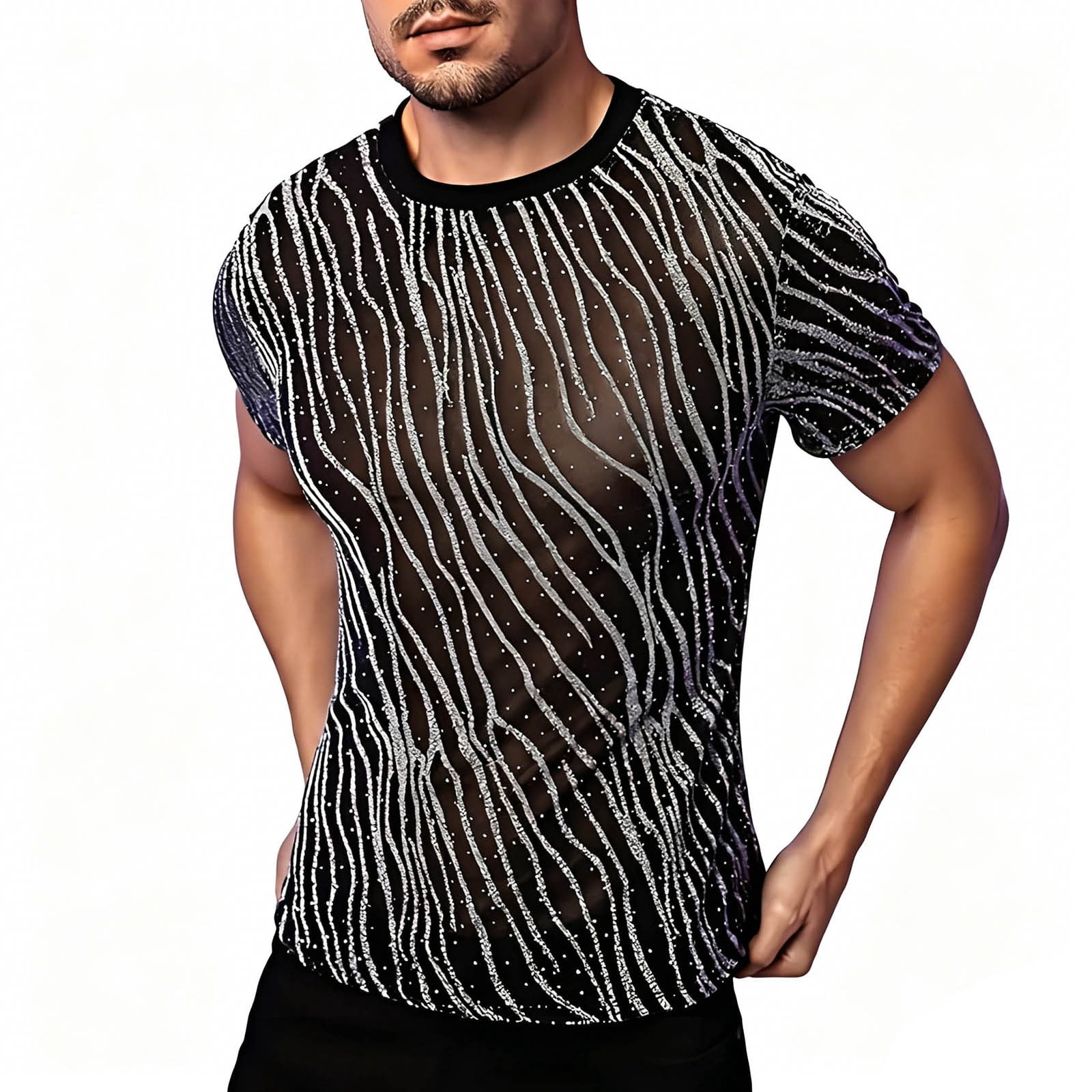 Breathable Mesh Tee for Daily Casual Party Clubwear Men’s T Shirt Sleek ...