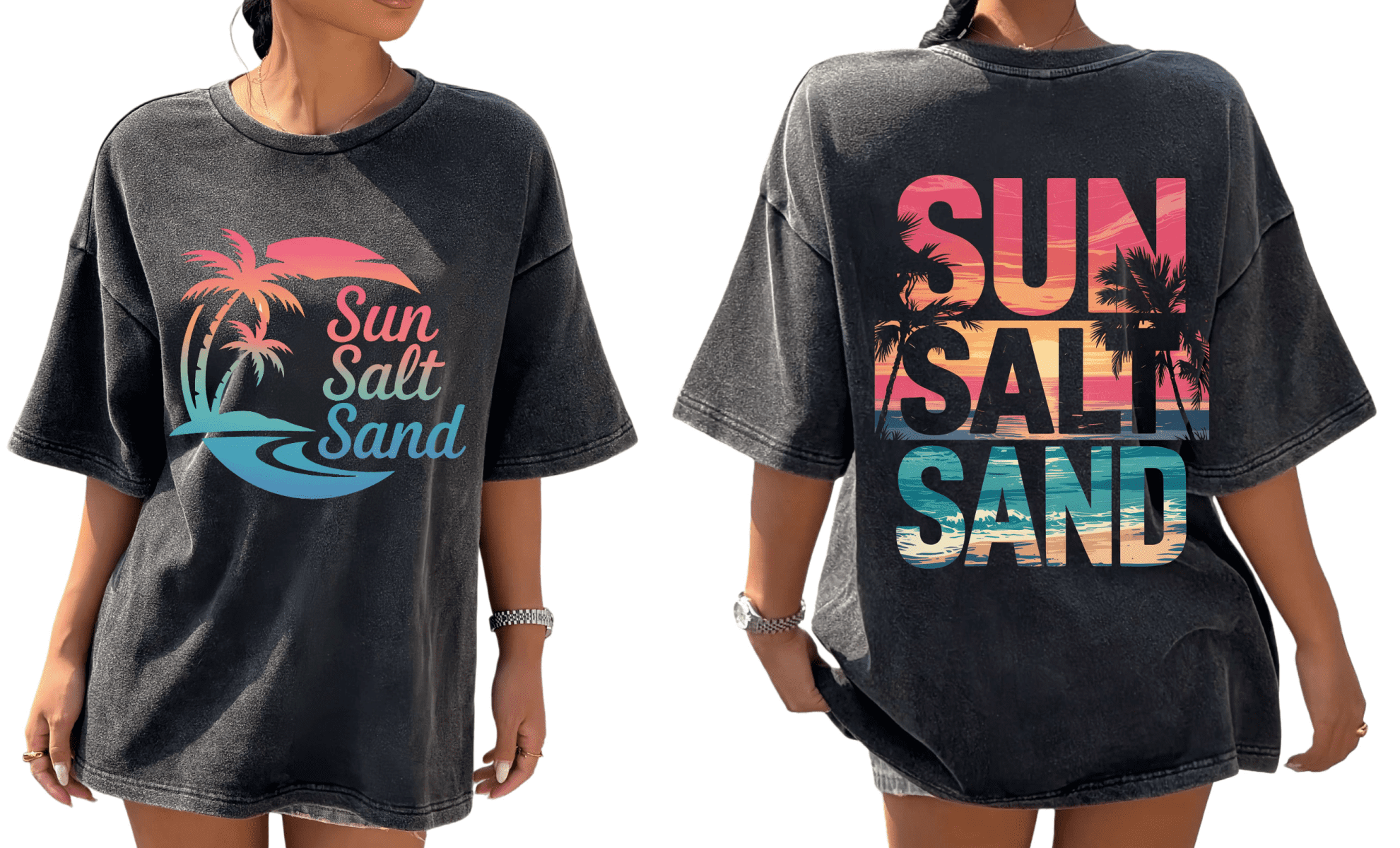 Breathable Oversized S-2XL Acid Washed Black Print Tshirt Sun Salt Sand ...