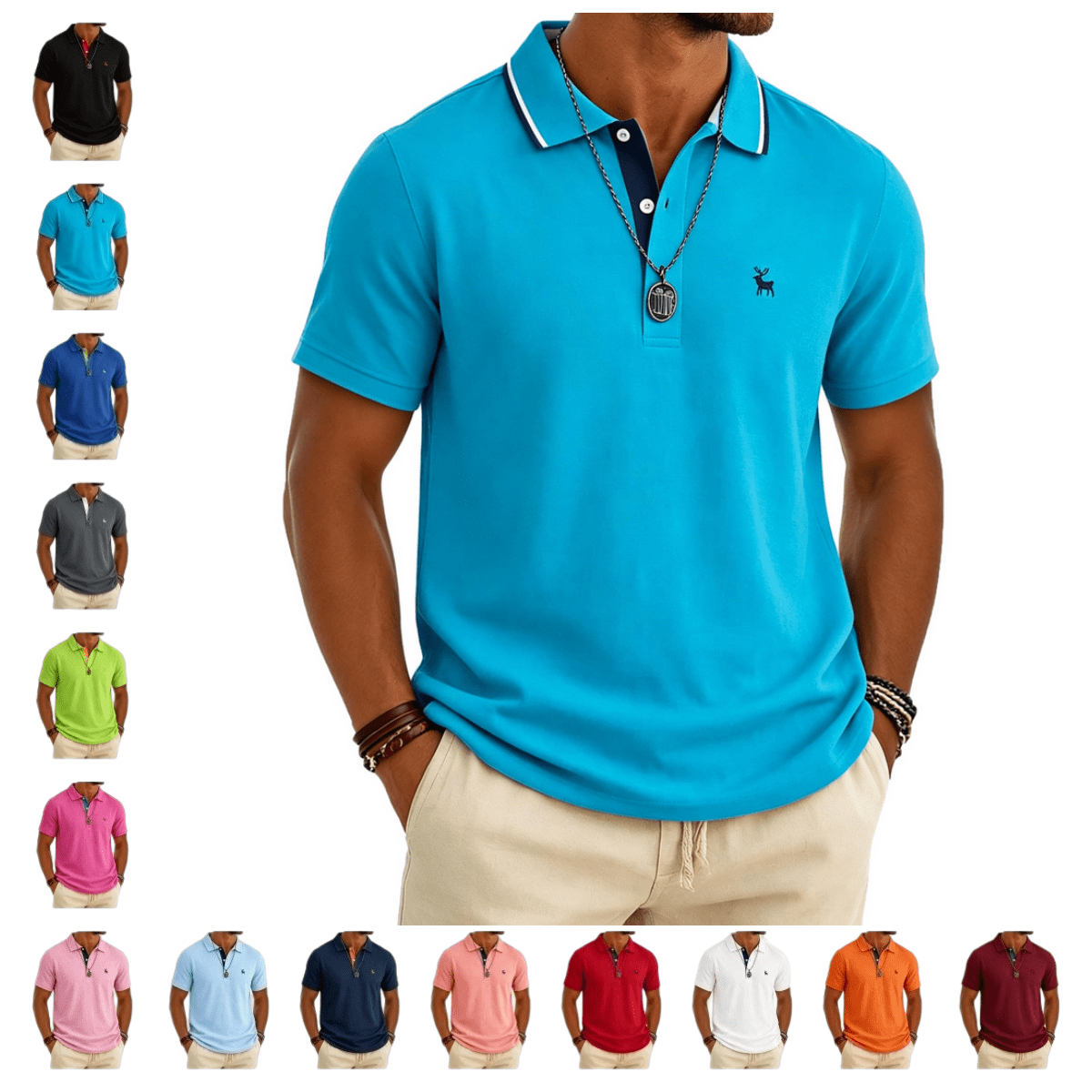 Breathable Pique Polo Shirts for Men, Elegant Deer Embroidery Collared ...