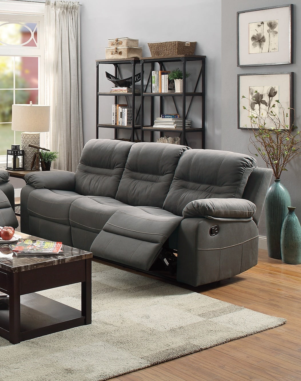 Breathable Slate Blue Contemporary Motion Sofa with Metal Reclining ...