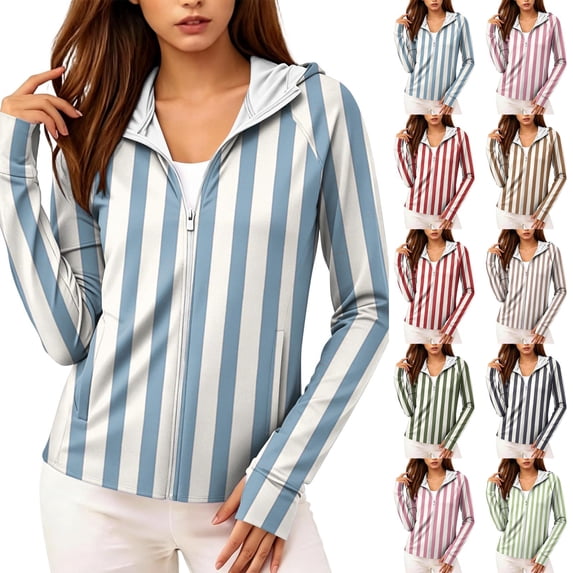 Breathable Striped Sun Shirt for Women UPF 50+ - Hooded Zip Up Rash ...