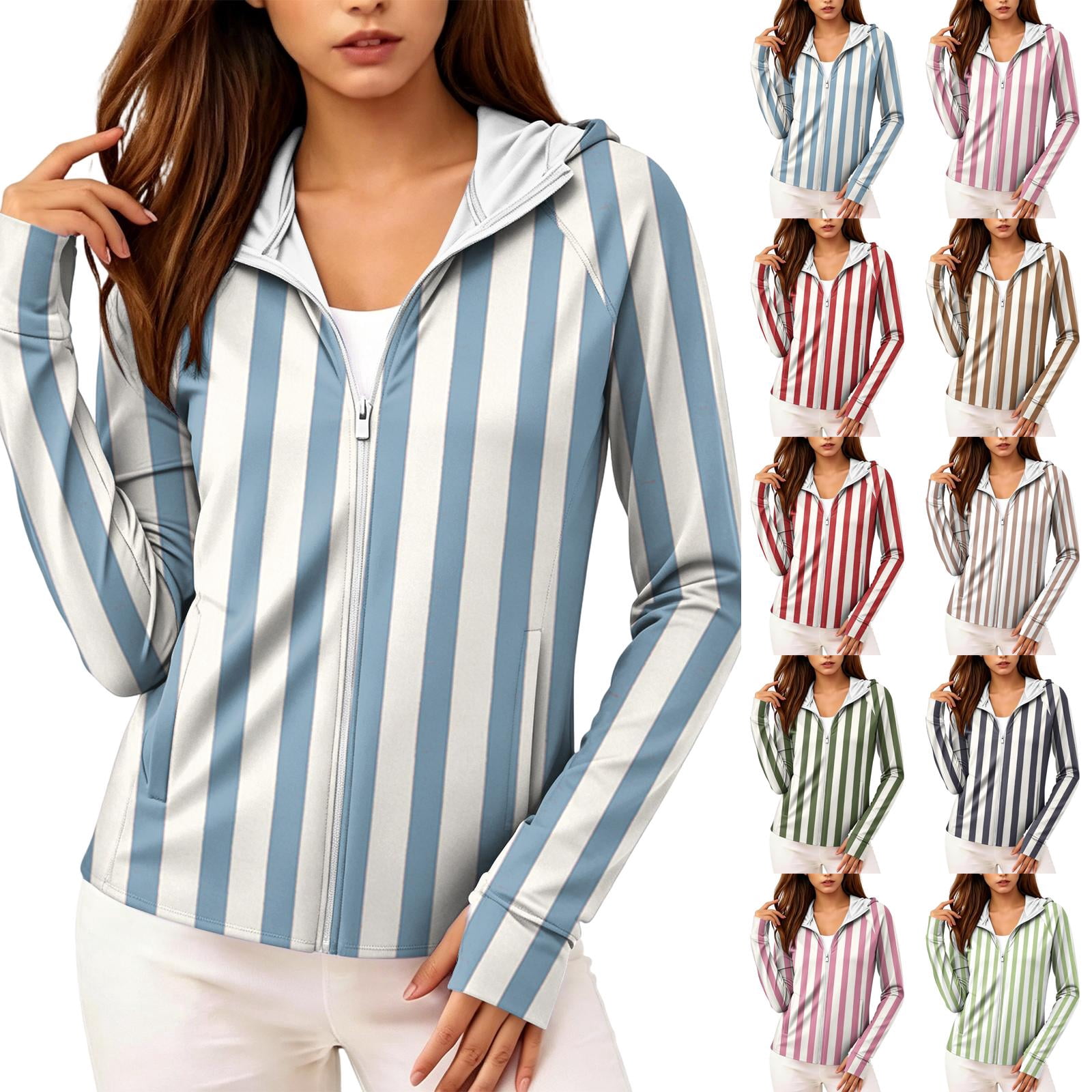 Breathable Striped Sun Shirt for Women UPF 50+ - Hooded Zip Up Rash ...