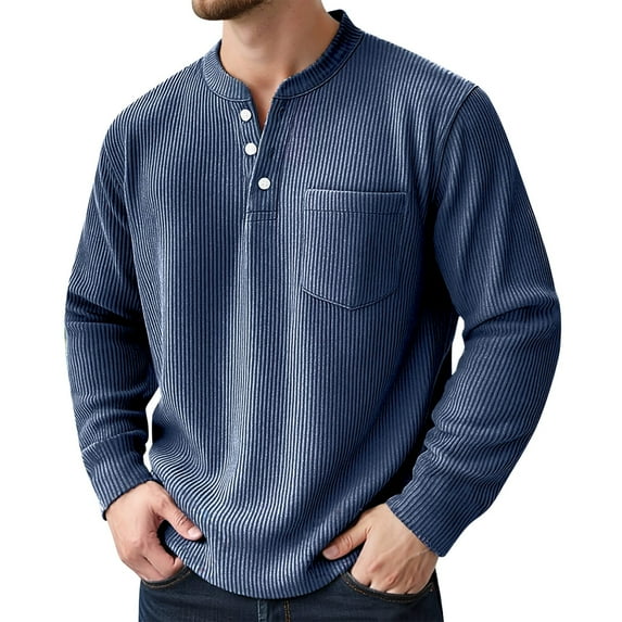 Breathable T-Shirts For Men Long Sleeve Corduroy Three Buttons With ...