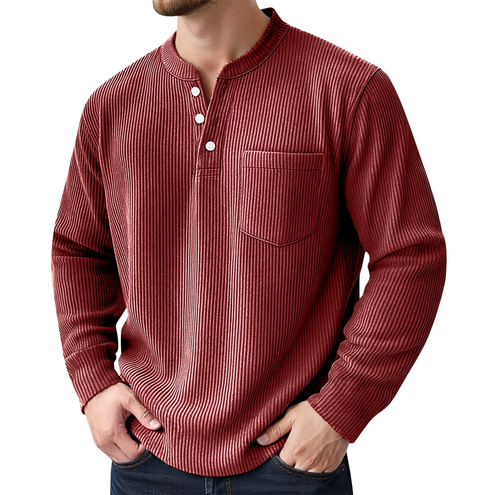 Breathable T-Shirts For Men Long Sleeve Corduroy Three Buttons With ...
