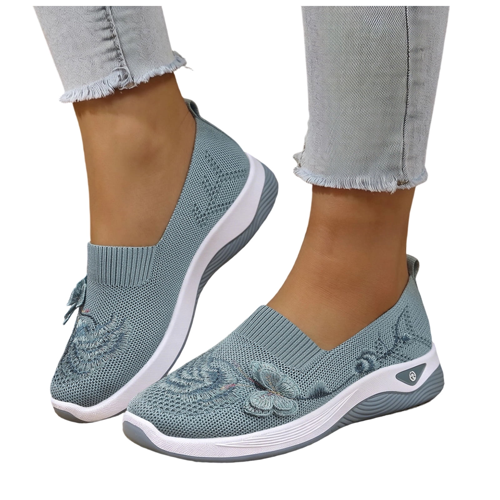 Breathable Walking Sneakers for Women Embroidery Butterfly Running ...