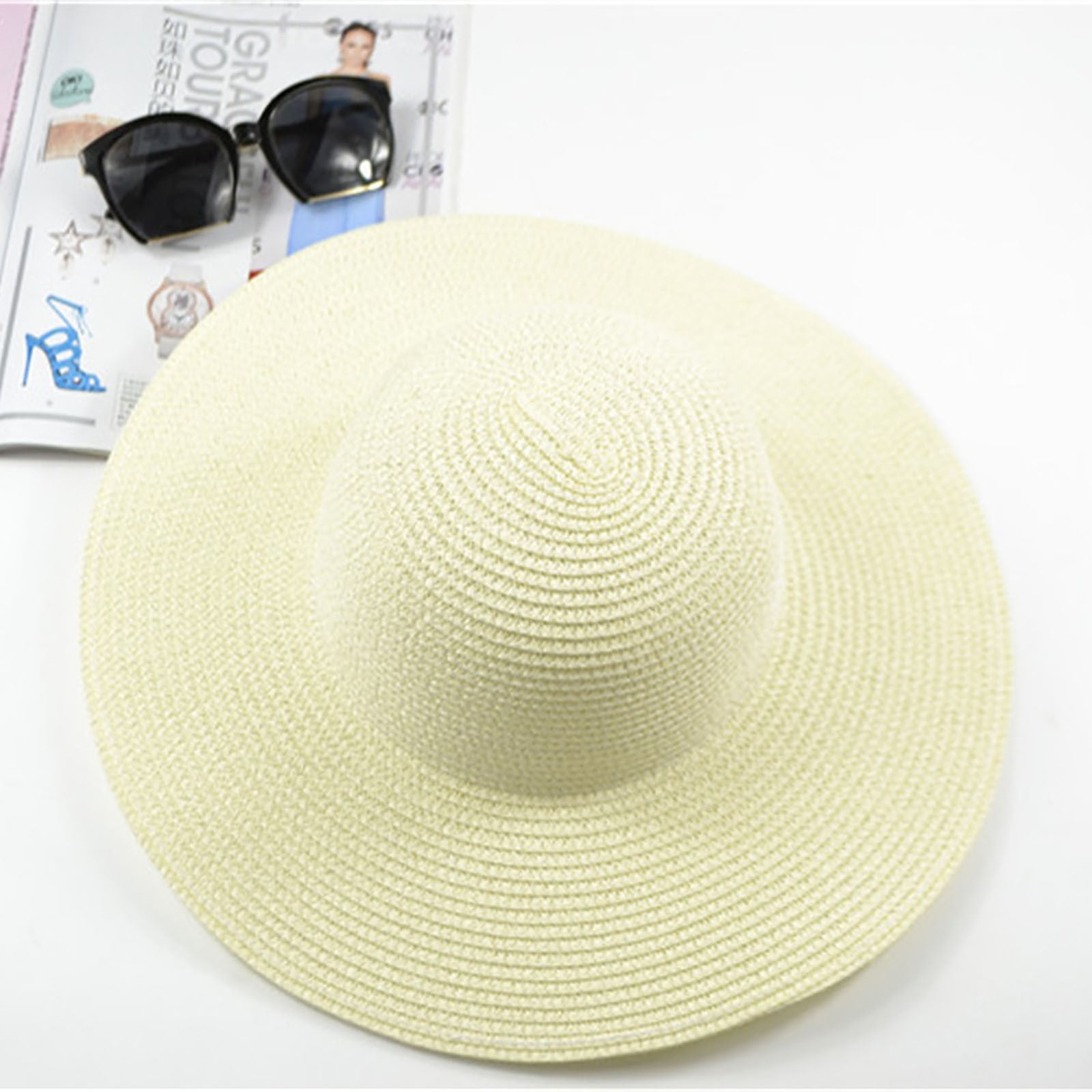 Breathable Wide Brim Straw Hat Foldable UV Protection Floppy Beach Sun ...
