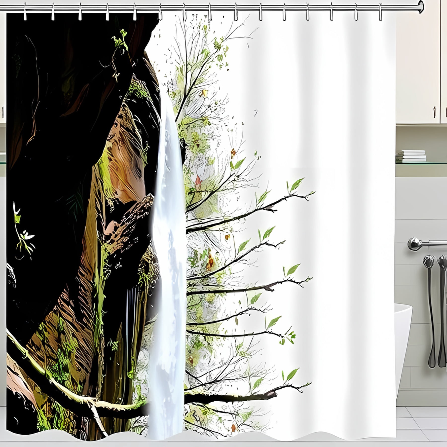 Breathtaking Nature-Inspired Shower Curtain: Waterfall & Leafy Branches ...