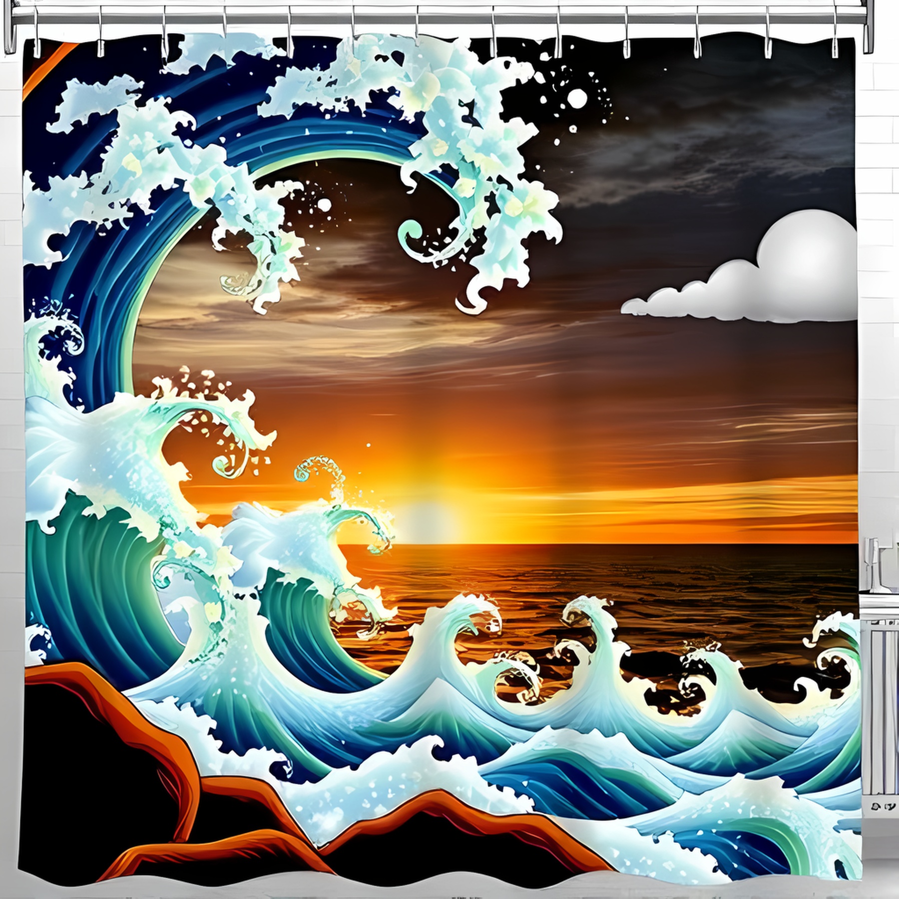 Breathtaking Sunset Shower Curtain - Turbulent Ocean Waves with Floral ...