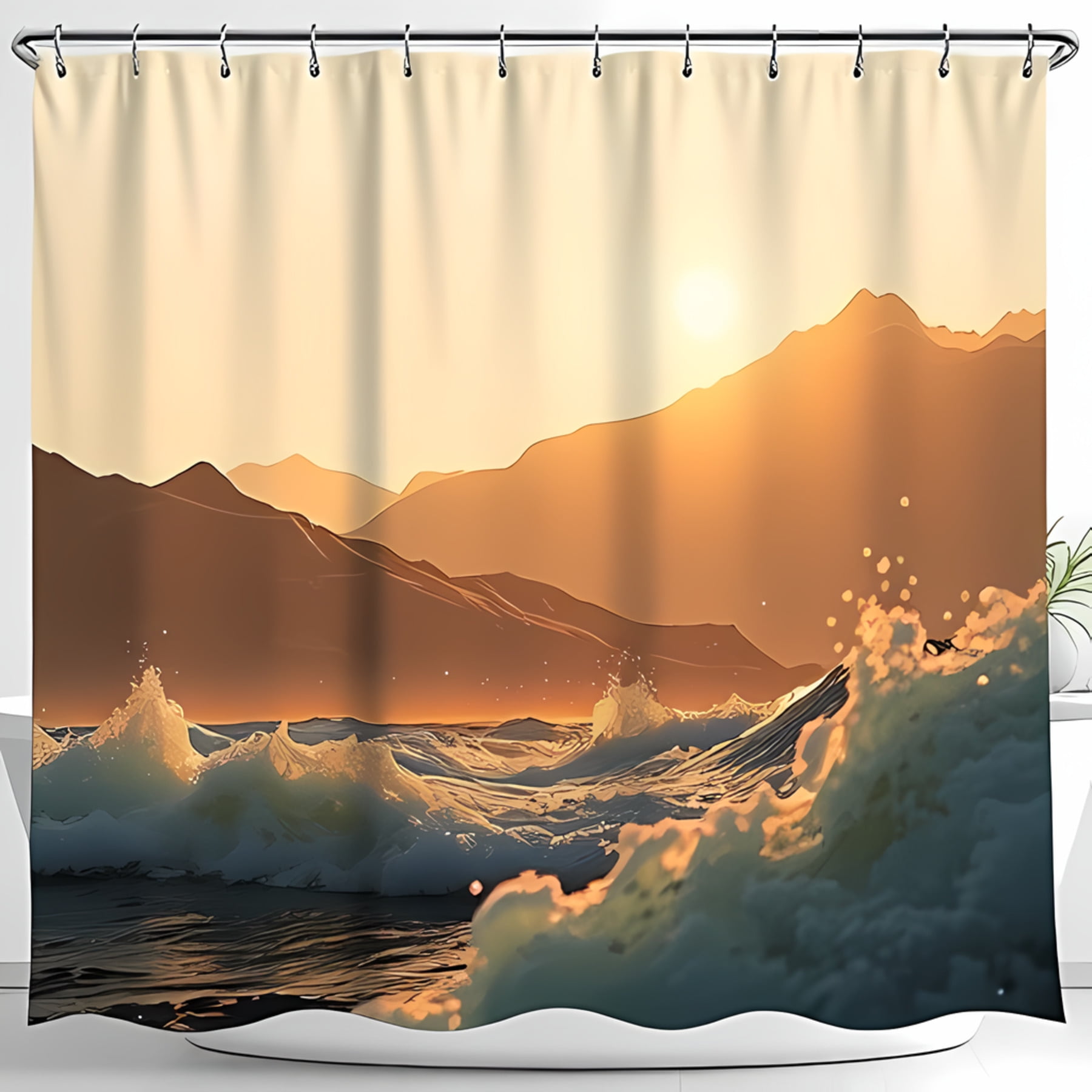 Breathtaking Sunset Shower Curtain Vibrant Mountain Range & Ocean Waves ...