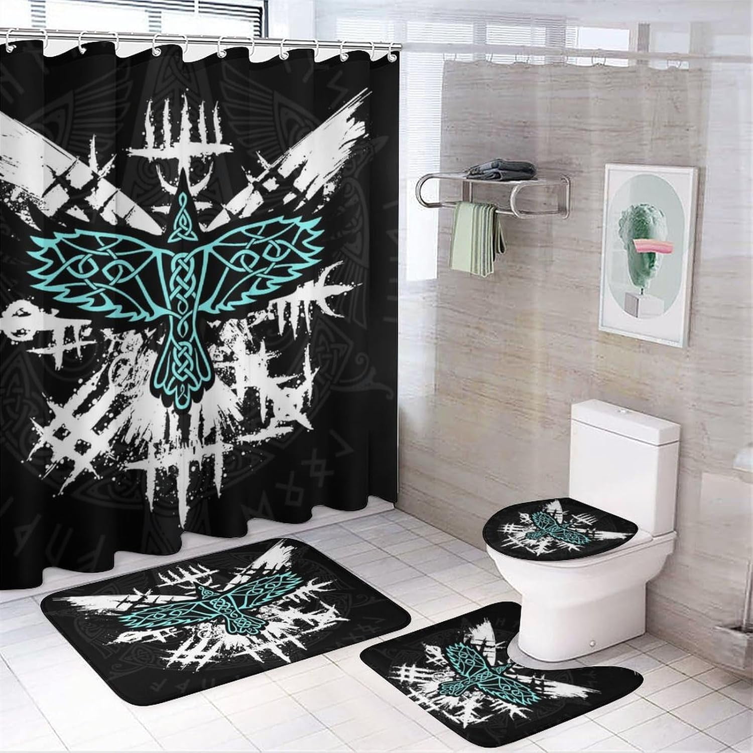 Brebasf Norse Vikings Print 4 Pcs Shower Curtain Bathroom Set Black ...