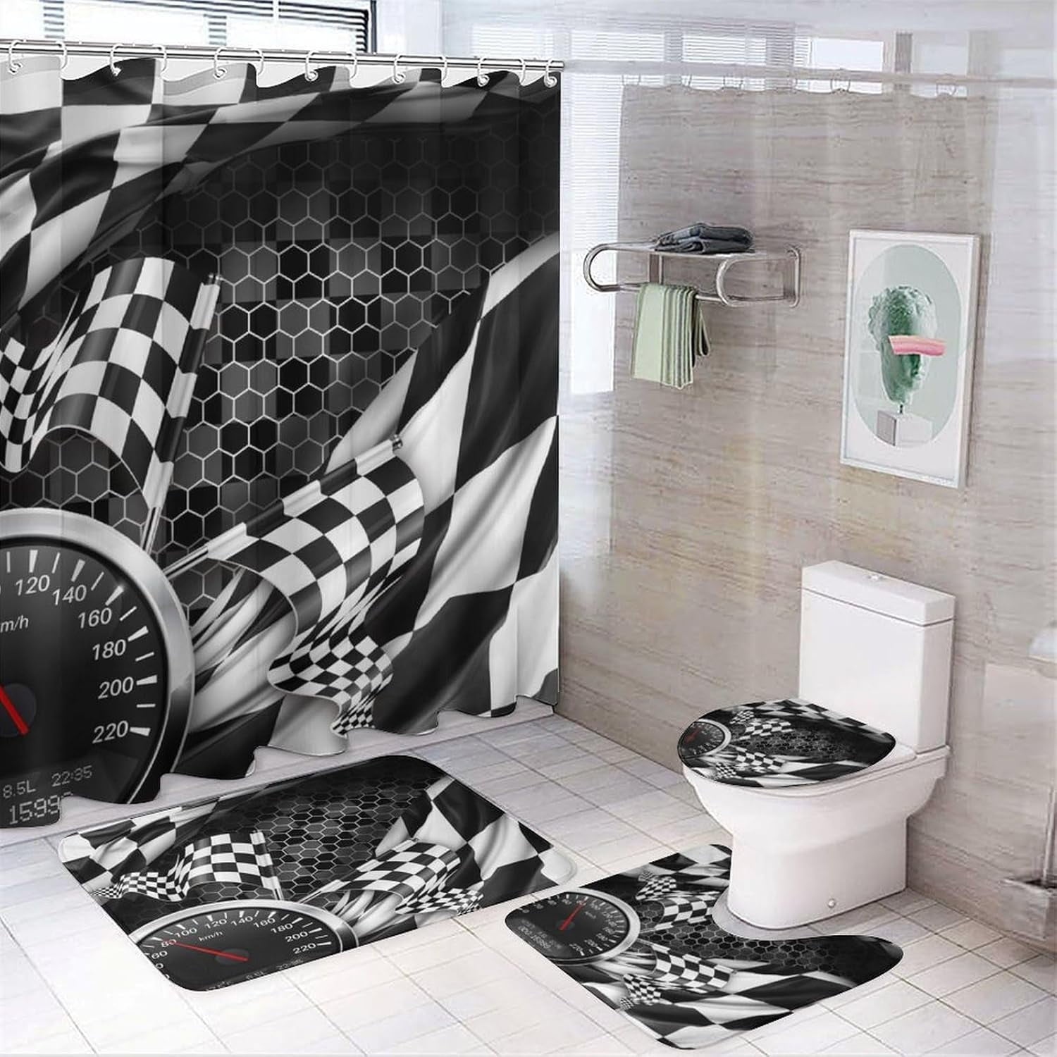 Brebasf Retro Racing Car Flag for Bathroom Shower Curtains set with ...