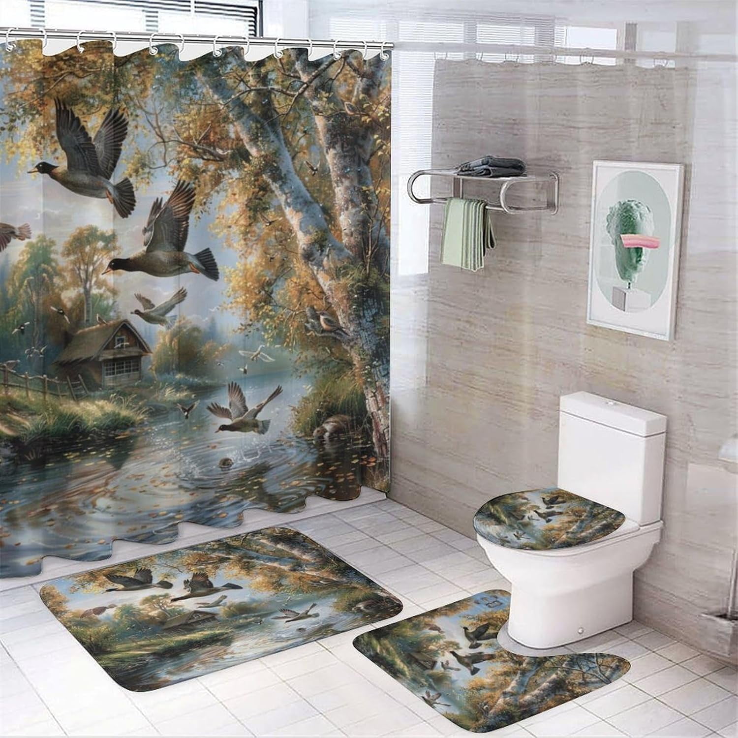 Brebasf Rustic Fall Duck Cabin 4 Pcs Waterproof Shower Curtain Set,Watercolor Hunting Theme Wood ...