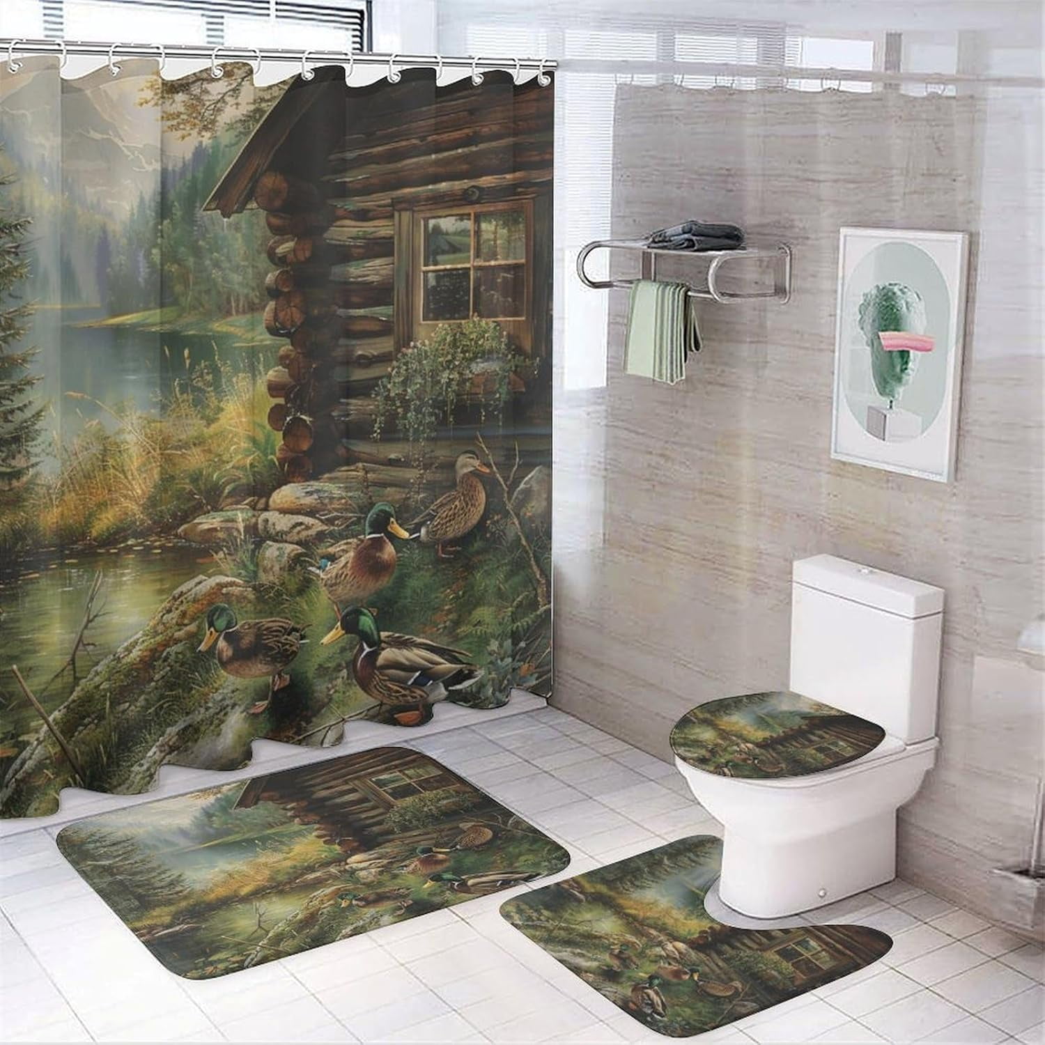 Brebasf Watercolor Sunset Mallard Duck for Bathroom Shower Curtain set with Rugs 4Pcs Rustic ...