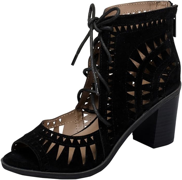 Breckelles Gabby Black Lasercut Stacked Chunky Stacked Block Heeled ...