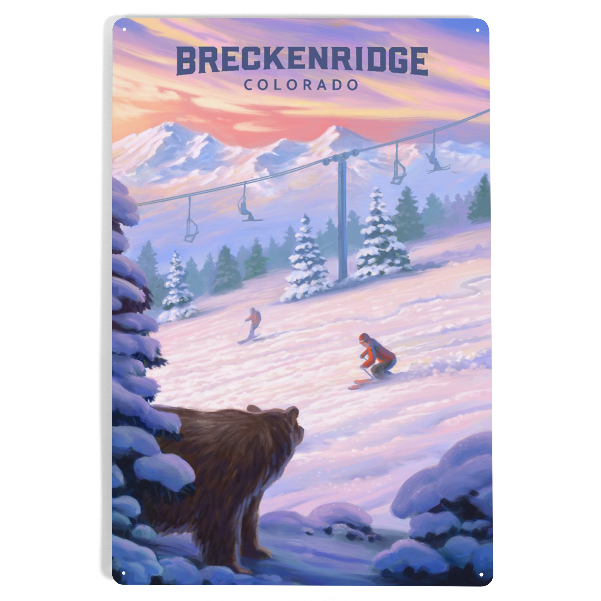 Breckenridge, Colorado, Bear and Skiers, Oil Painting (12x18 Aluminum ...