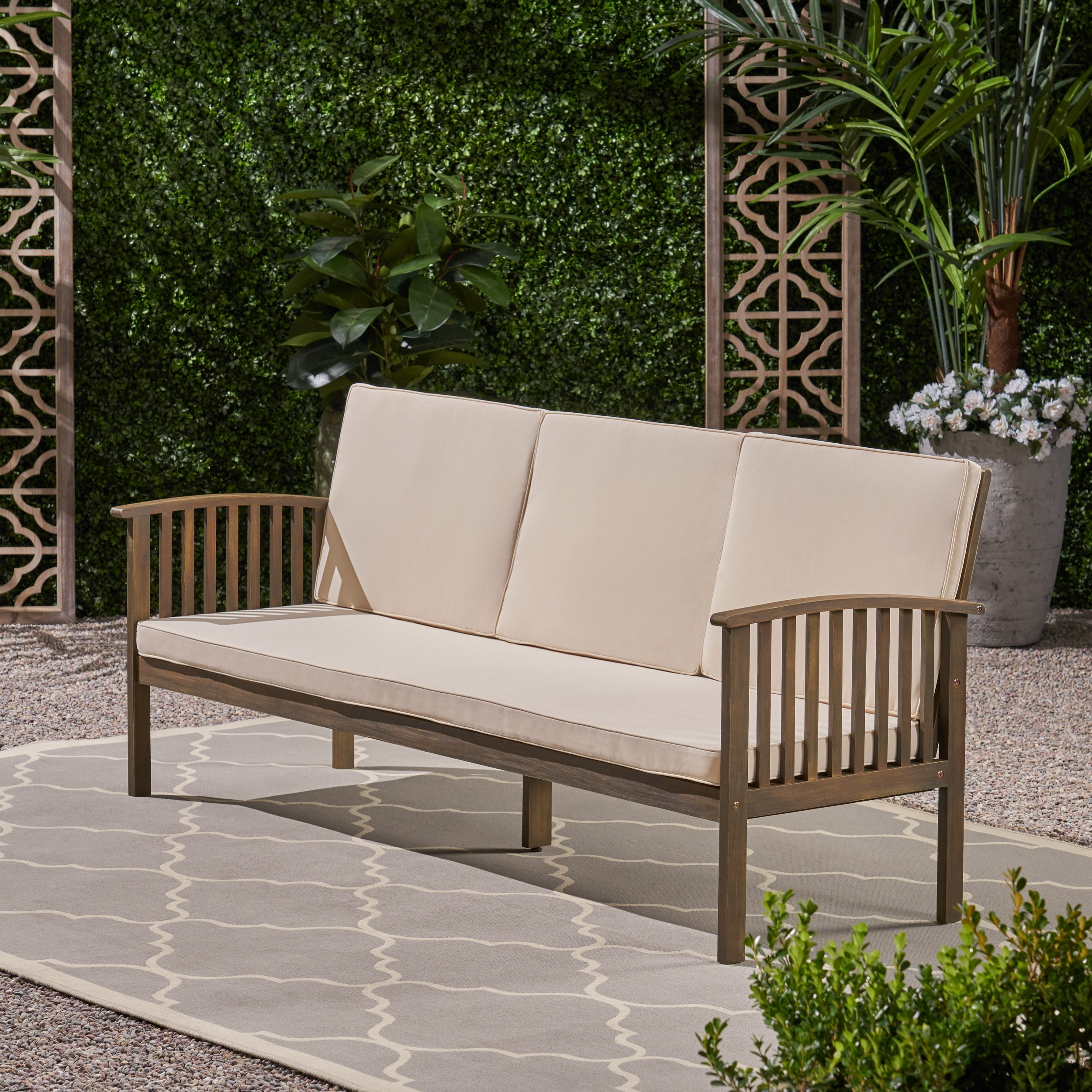 Breenda Outdoor Acacia Wood Sofa with Cushions, Gray and Cream ...