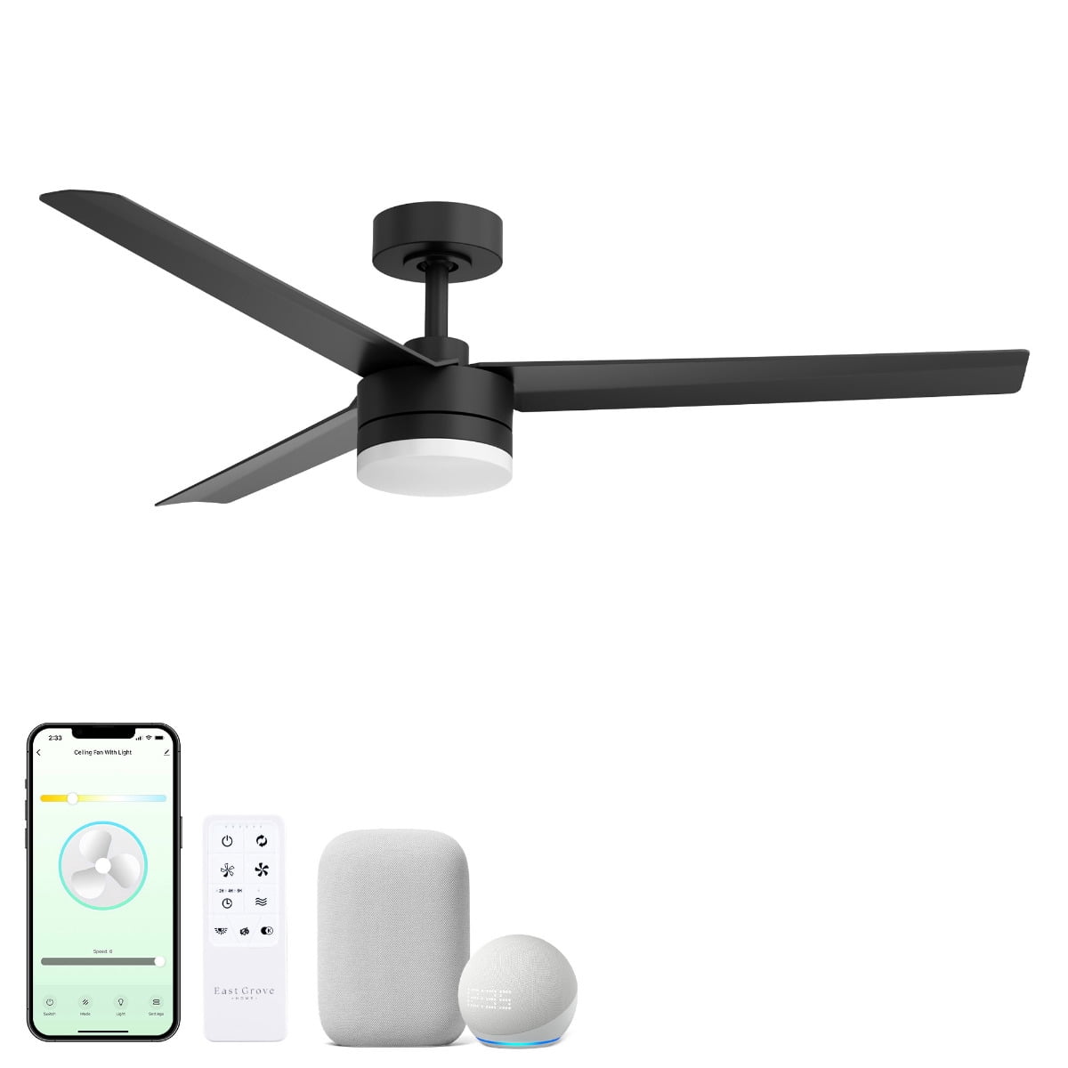 Breeze 52in 3-Blade Smart Ceiling Fan in Matte Black 2700K-6000K CCT ...
