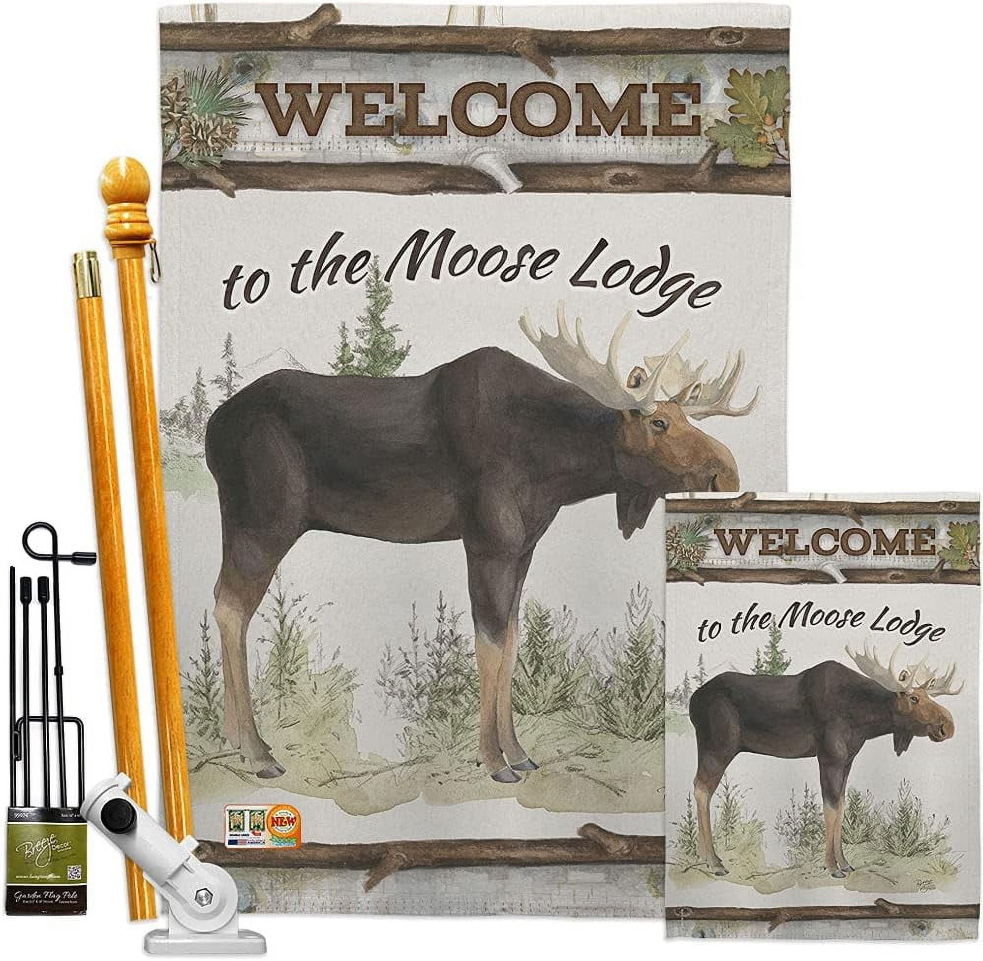 Breeze Decor The Moose Lodge Garden House Flags Kit Outdoor Rustic Lake ...