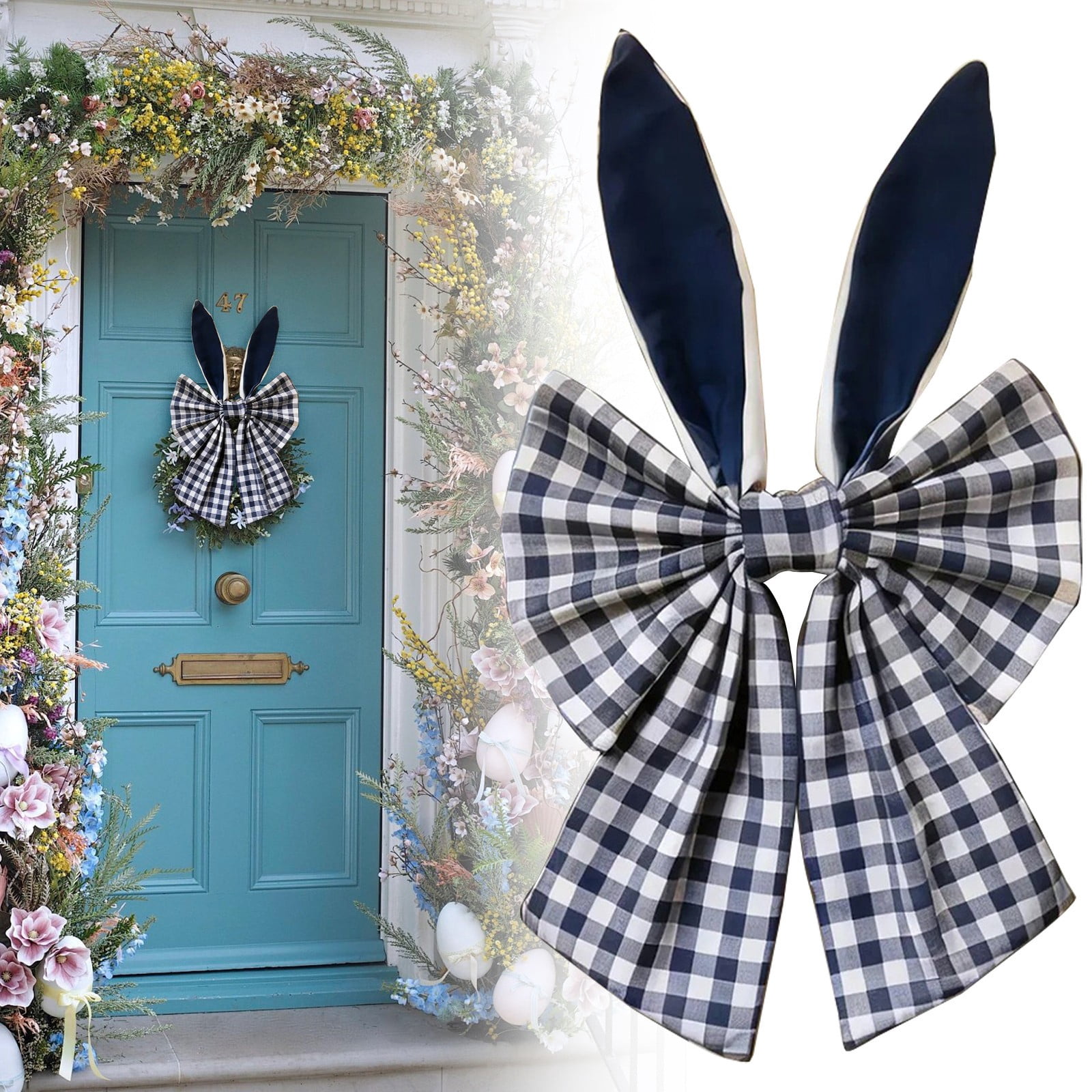 BreezeHome Easter Bunny Ears Wreath Bow 16 Inch Rustic Fabric ...