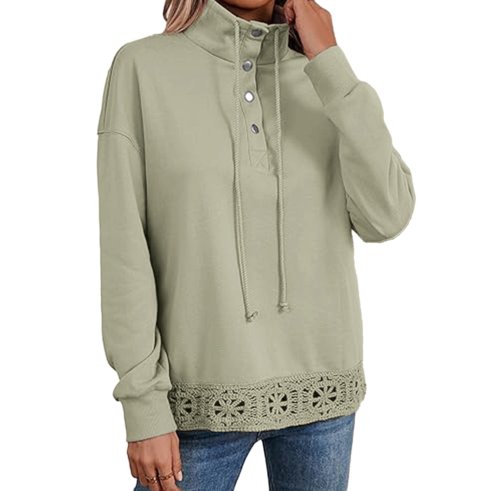 Breezora Autumn Winter Loose Button Through Lace Panel Blouse Long ...