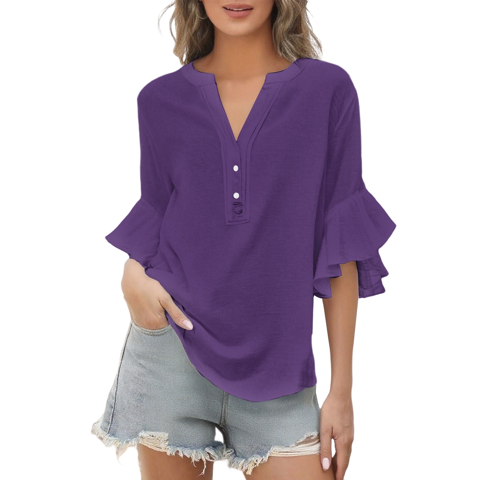 Breezora Bell Sleeve V Neck Pleated Tee Womens 3/4 Sleeve Spring Summer ...